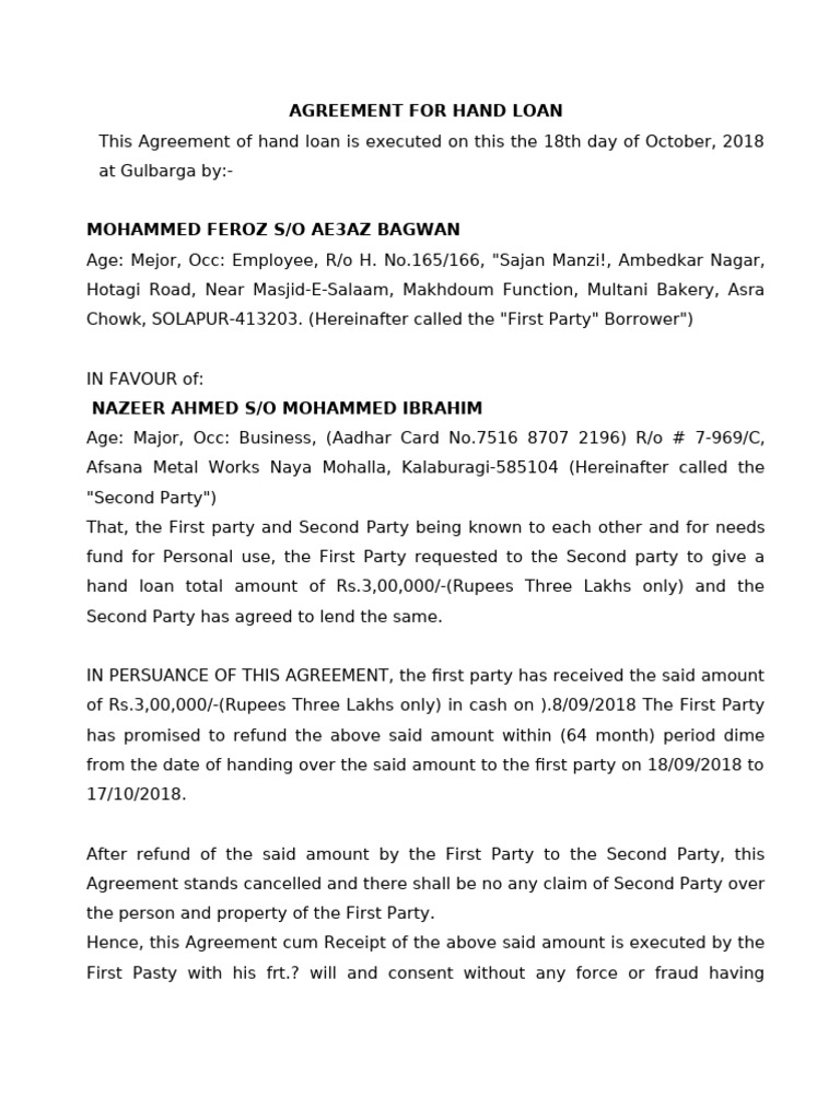 Hand Loan Agreement Format | PDF