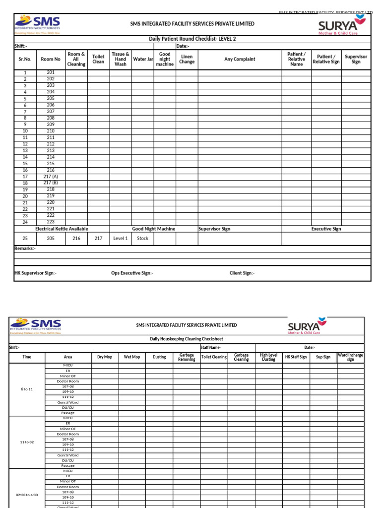 Surya Daily Checksheet | PDF | Housekeeping | Cleaning