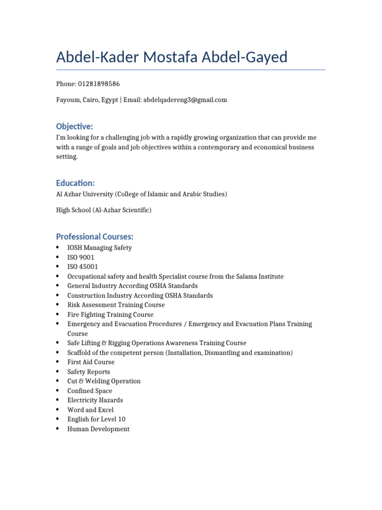 AbdelKader - Mostafa - CV HSE | PDF | Safety | Regulatory Compliance