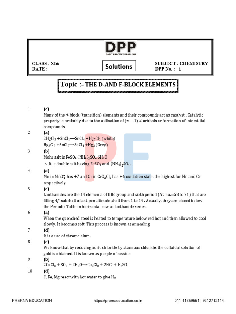 d f Block Elements Dpp 1 Solution | PDF | Sets Of Chemical Elements ...