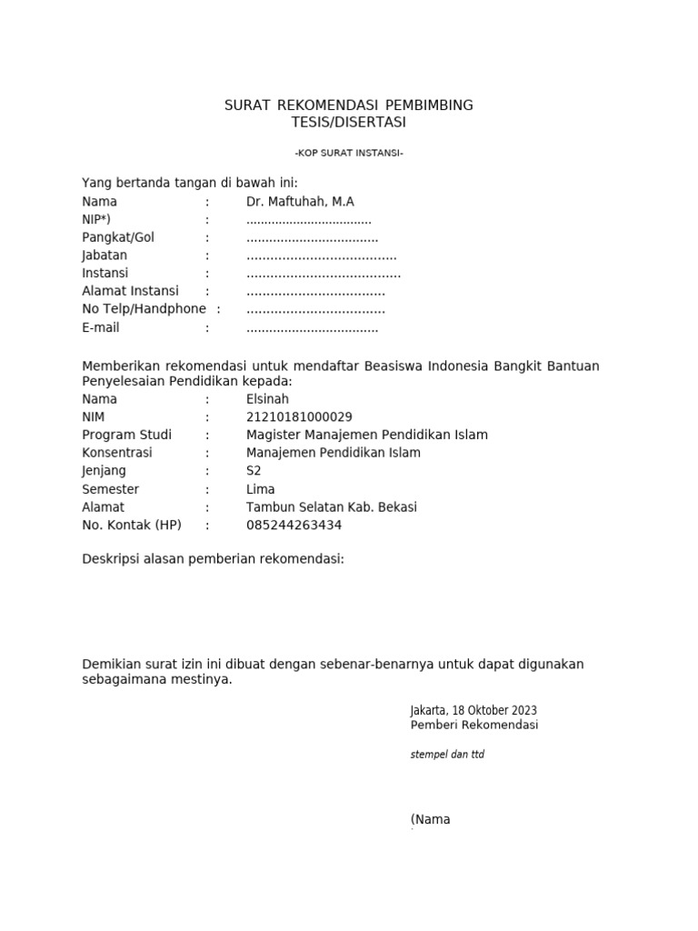 Surat Rekomendasi Dosen Pembimbing | PDF