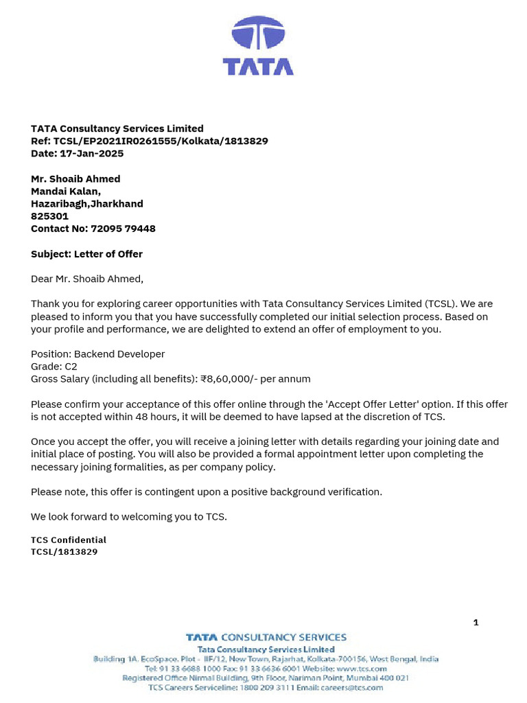 TCS Job Offer for Backend Developer | PDF | Insurance