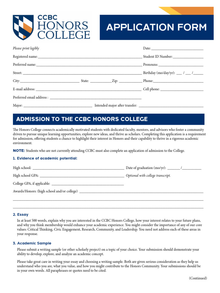 CCBC Honors College Application Form | PDF | Cognition