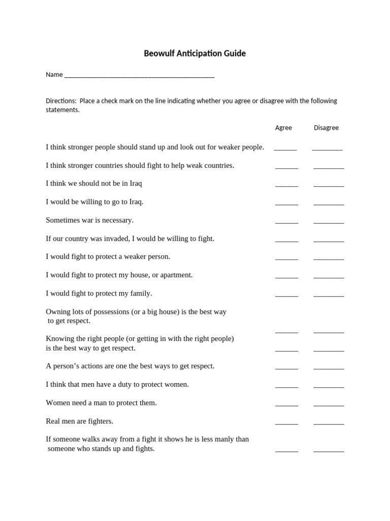 Beowulf Anticipation Guide Responses | PDF