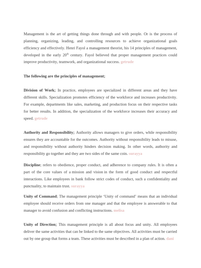 14 Principles of Management Assig[1] | PDF | Social Psychology ...
