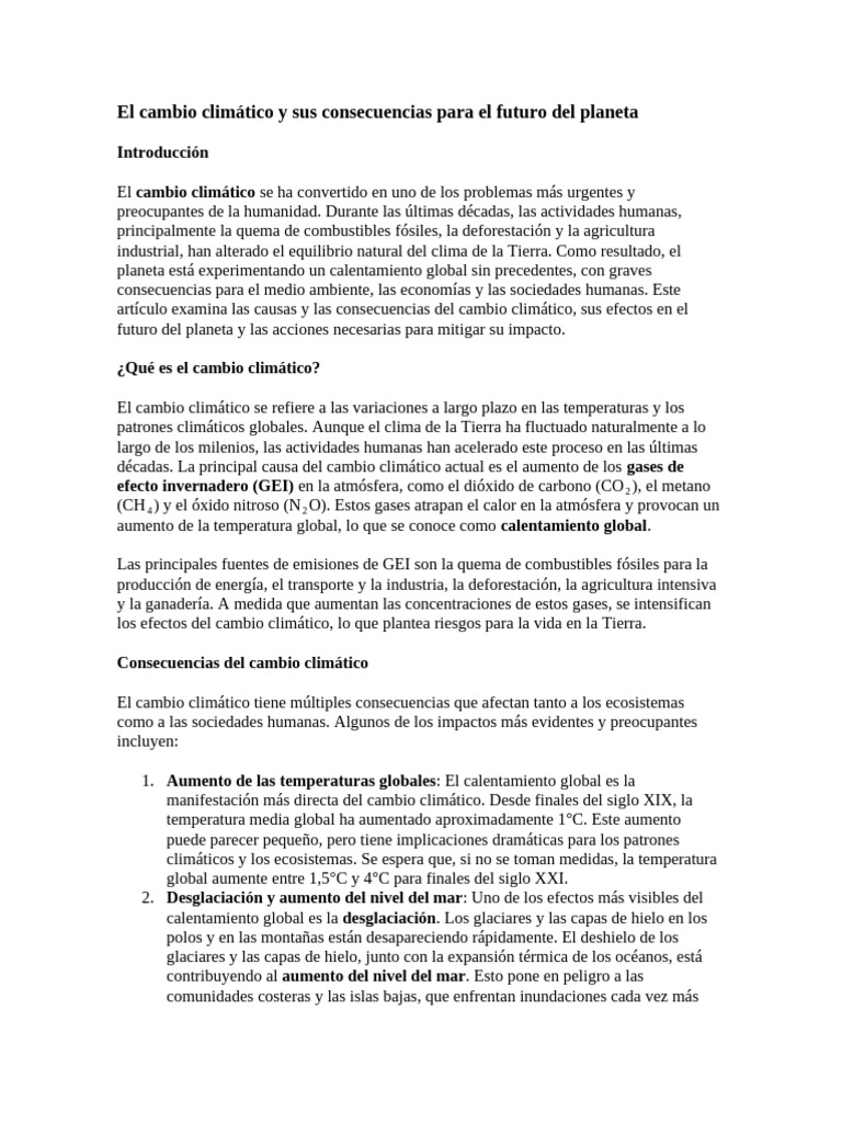 El Cambio Climático y Sus Consecuencias para El Futuro Del Planeta ...
