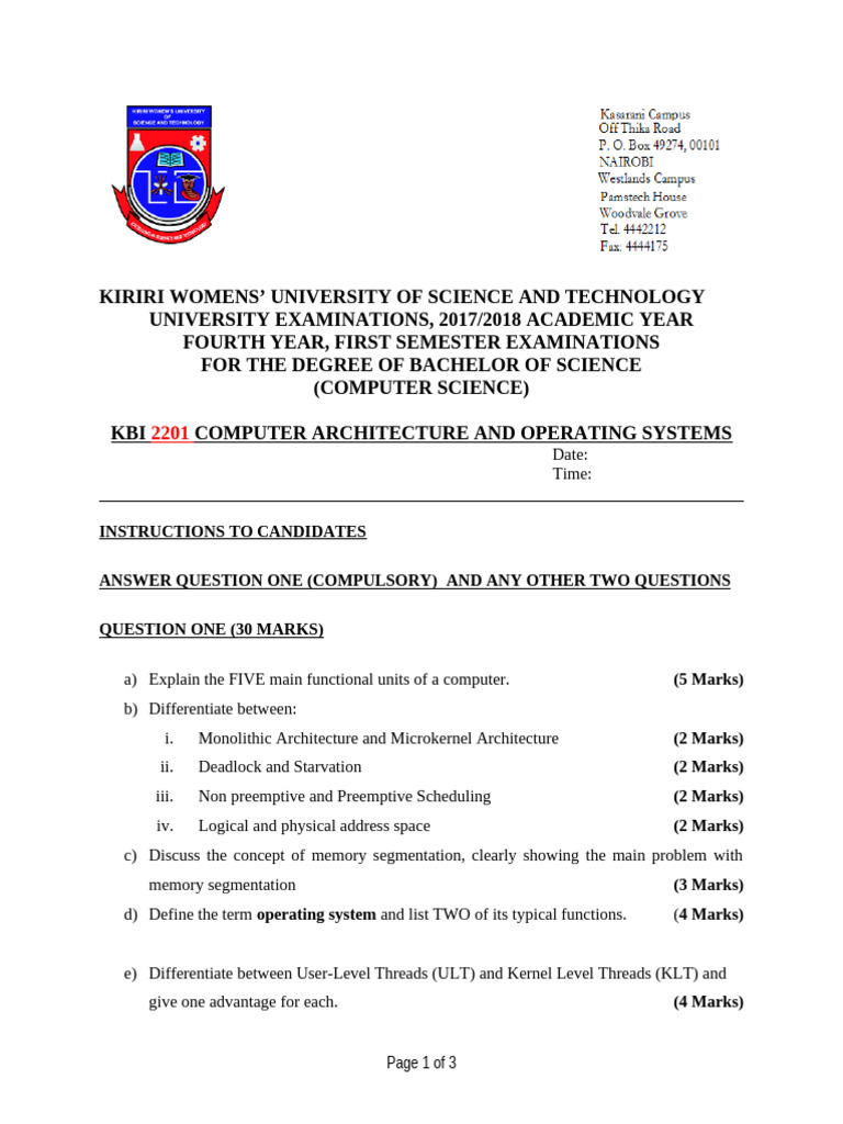 KBI 2201computer Architechure and Operating Systems QP | PDF | Process (Computing) | Thread ...