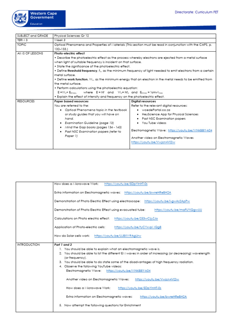 Physical Sciences Grade 12 Term 3 Week 3 - 2020 | PDF | Photoelectric ...
