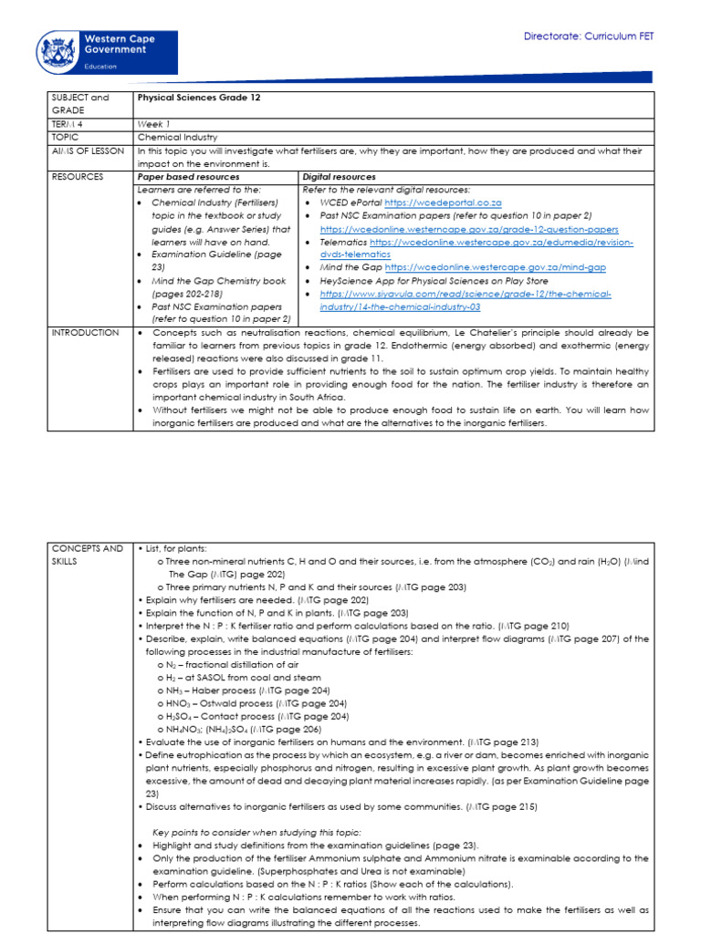 Physical Sciences Grade 12 Term 4 Week One | PDF | Fertilizer | Eutrophication