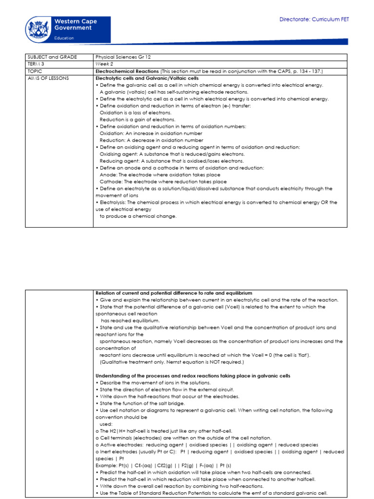 Physical Sciences Grade 12 Term Four Week Two | PDF | Redox ...