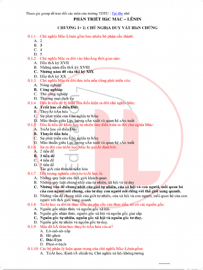 Trac Nghiem Chuong 1 2 Triet Hoc Mac Lenin Dai Hoc Ton Duc Thang 125612 | PDF