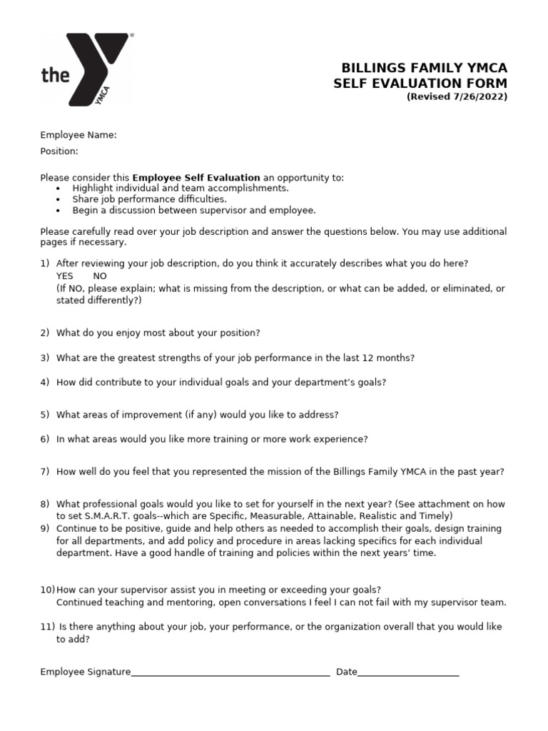 YMCA Self Evaluation Form Revised July 2022 | PDF | Goal | Cognition