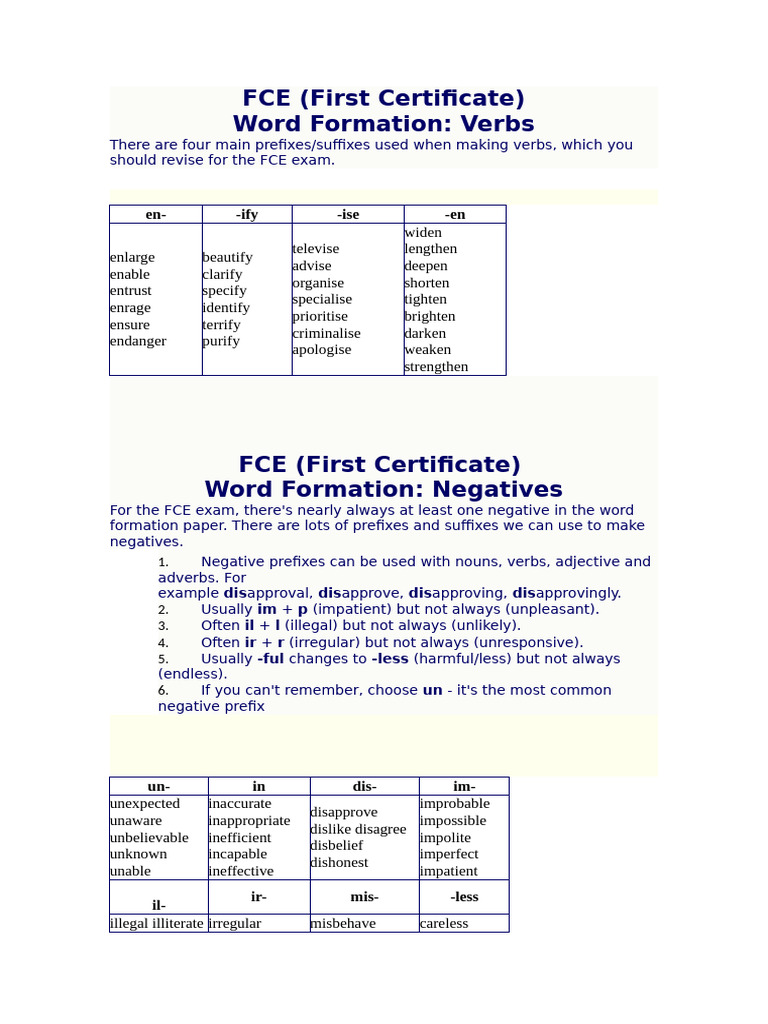 FCE Word Formation: Verbs, Nouns, Negatives | PDF | Adjective | Noun