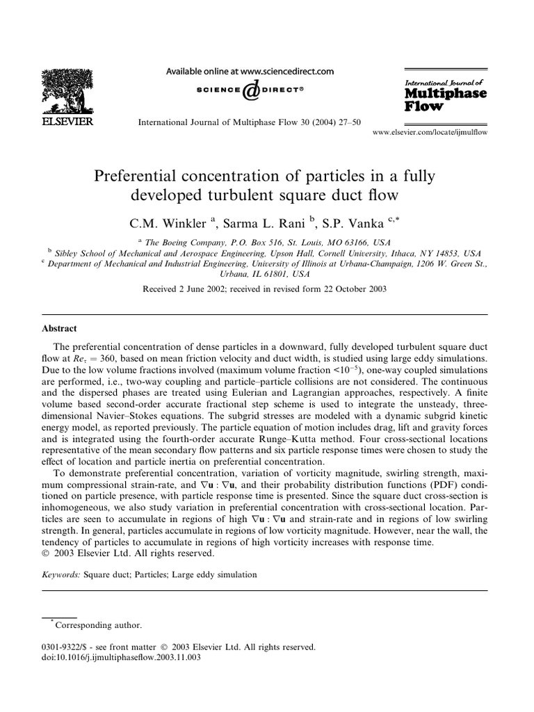 Preferential Concentration of Particles in A Fully Developed Turbulent Square Duct Ow | PDF ...