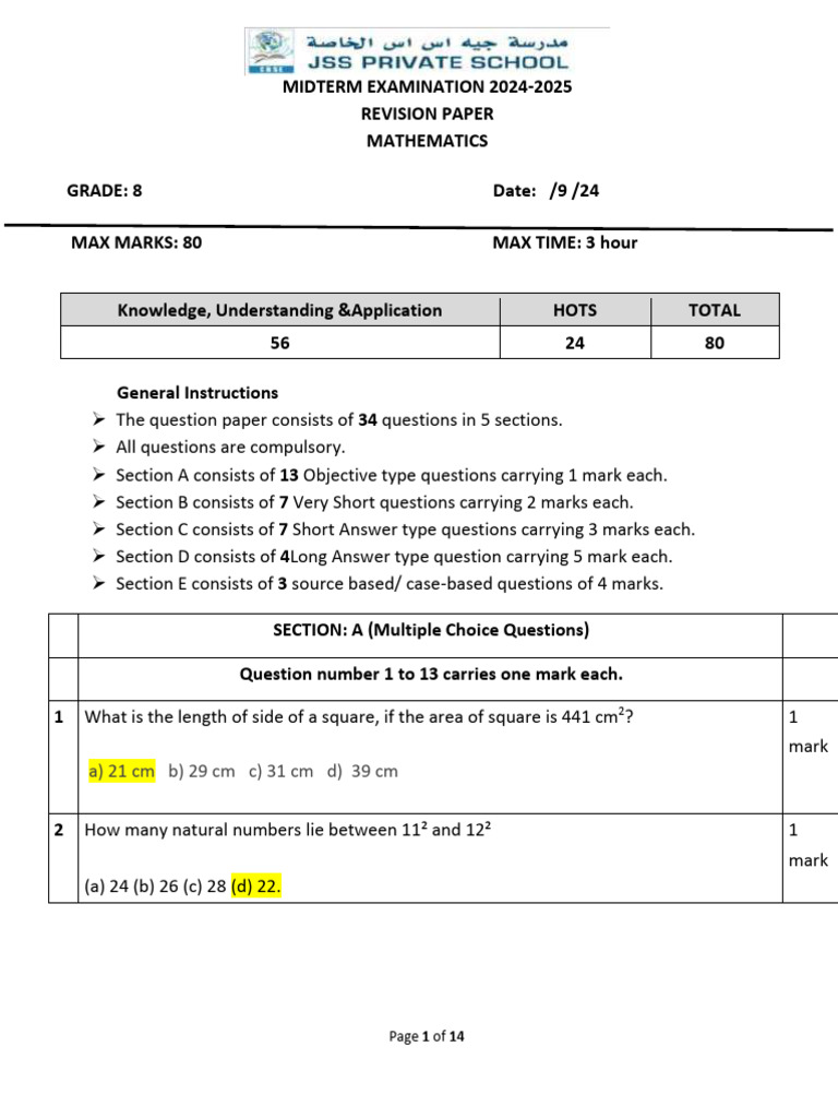 GR 8 Math - Revised Mid Term - Revision Paper - Ans - 2024-25 | PDF ...