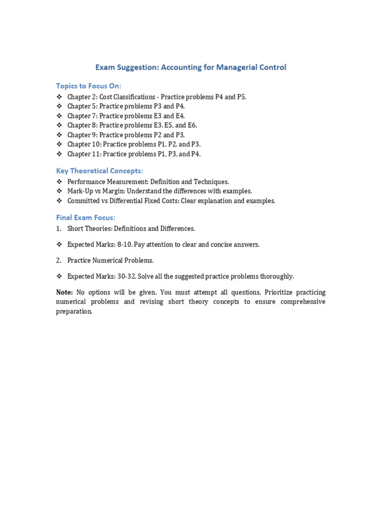 Exam Suggestion Accounting For Managerial Control | PDF