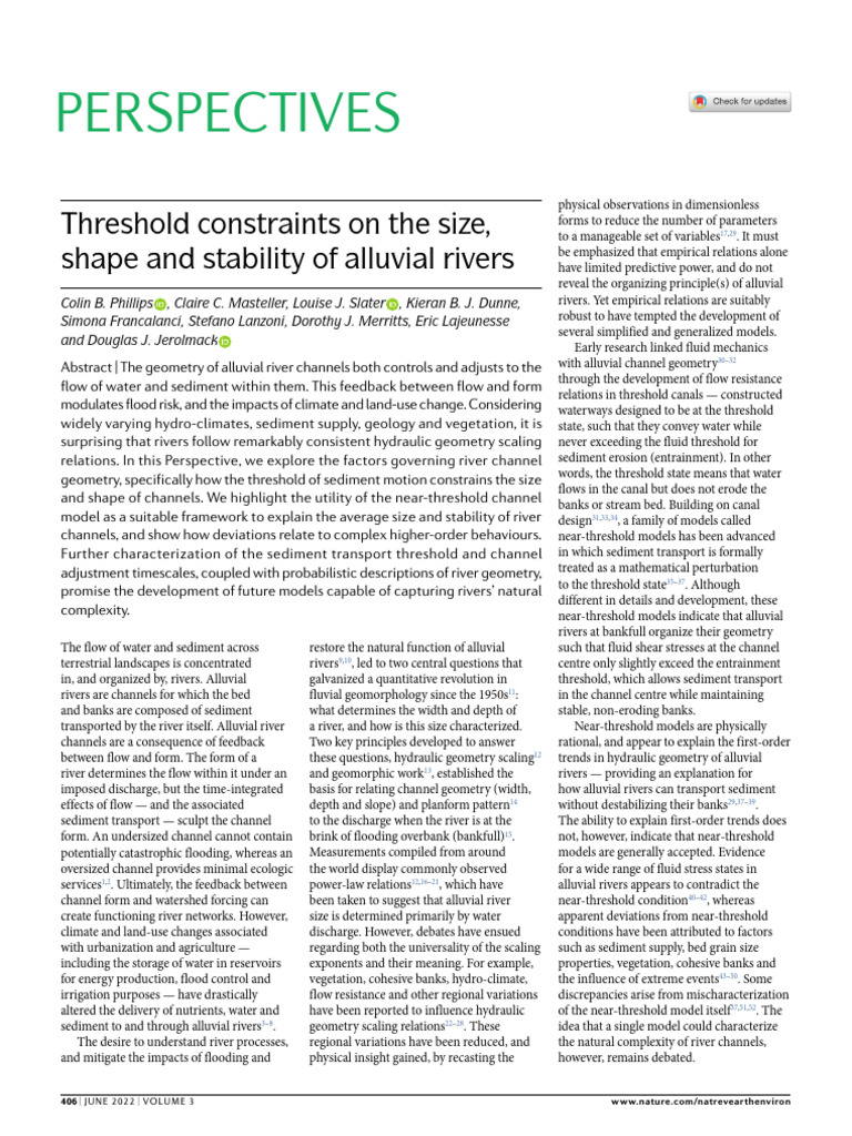 Threshold constraints on the size, shape and stability of alluvial rivers Nature Phillips et al ...