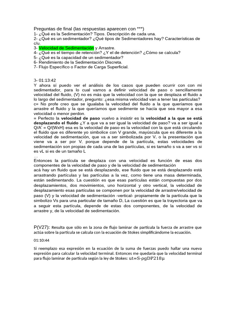 Preguntas de final - Sedimentacion | PDF | Arrastrar (Física) | Velocidad