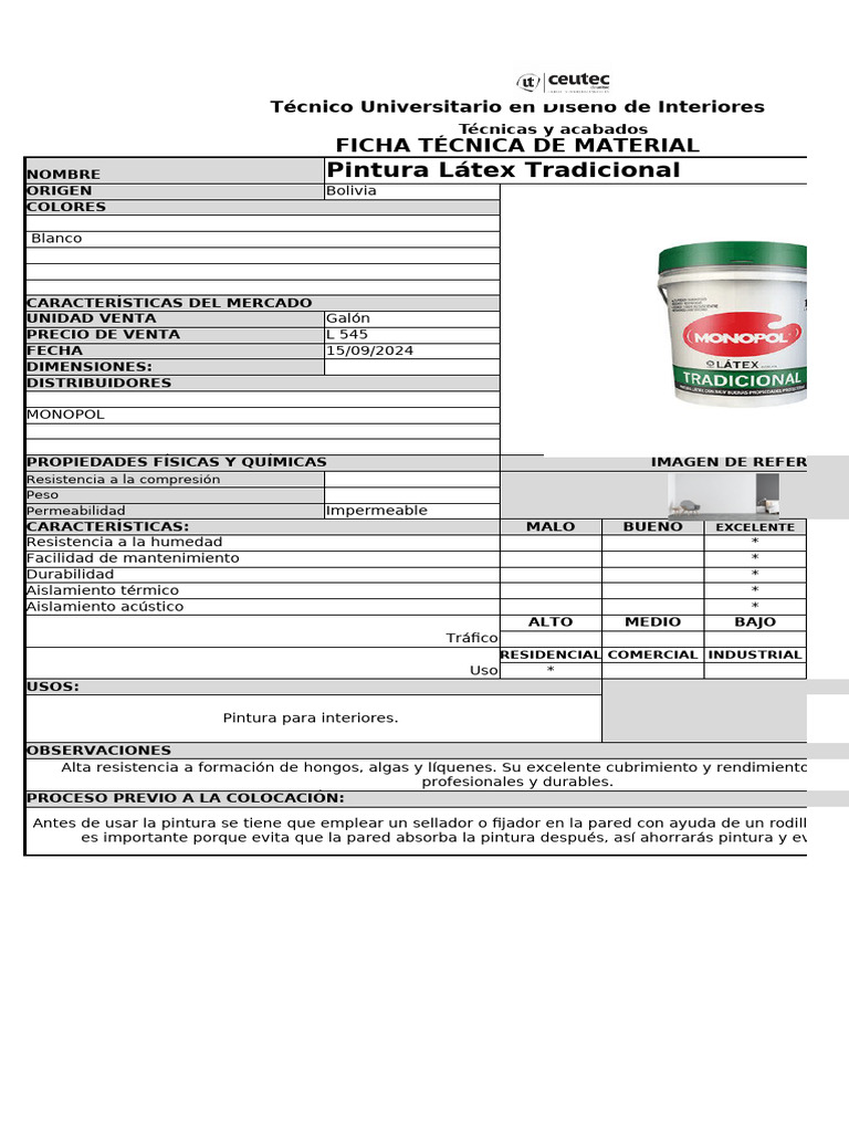 Ficha Técnica Pintura Paredes | PDF