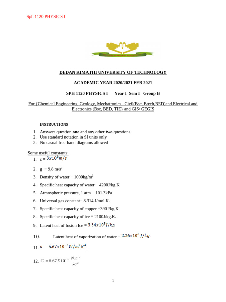 SPH 1120 PHYSICS ONE TH One Modification | PDF | Waves | Pressure