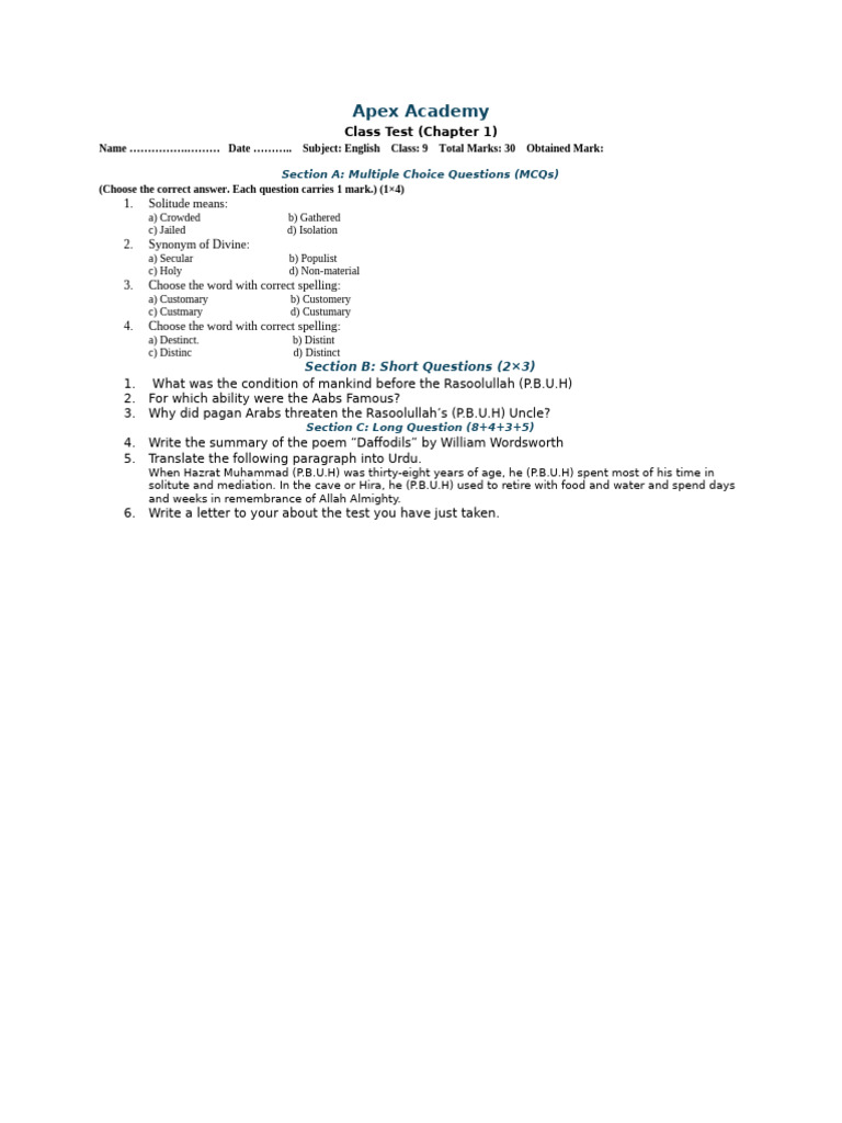 Class 9 English Chapter 1 Test Questions | PDF