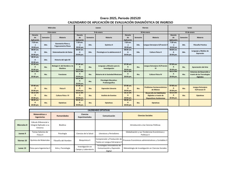Calendario Diagnostico 2025 | PDF | Science | Educación en artes liberales