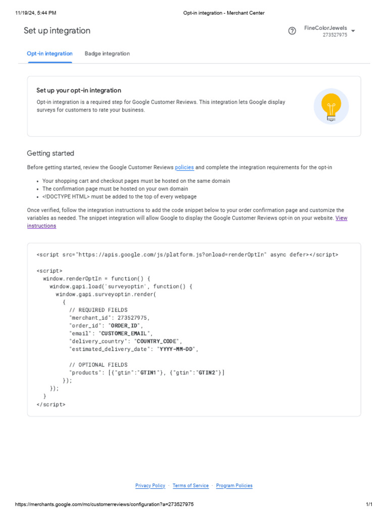 Google Customer Reviews Opt-In Setup | PDF