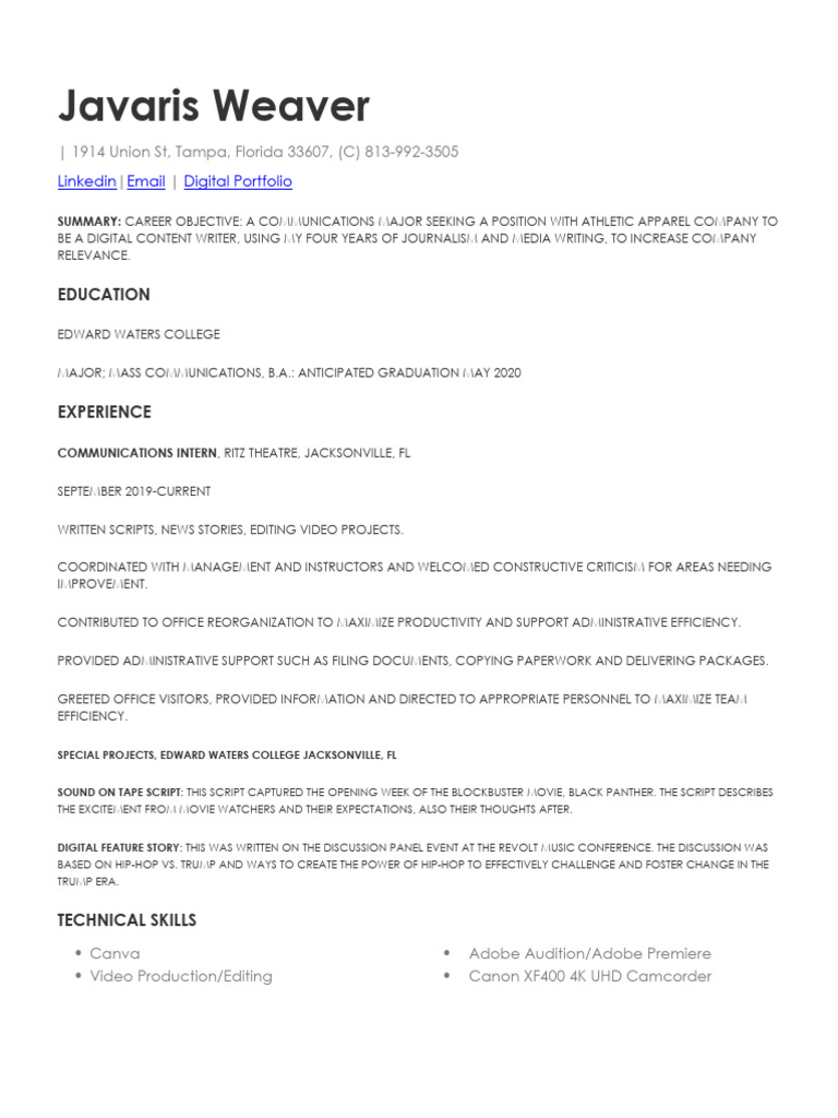 Javaris Weaver Resume 2020 | PDF