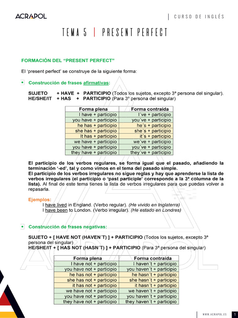 TEMA 5. PRESENTE PERFECTO COMPUESTO Y PRETÉRITO PERFECTO COMPUESTO | PDF