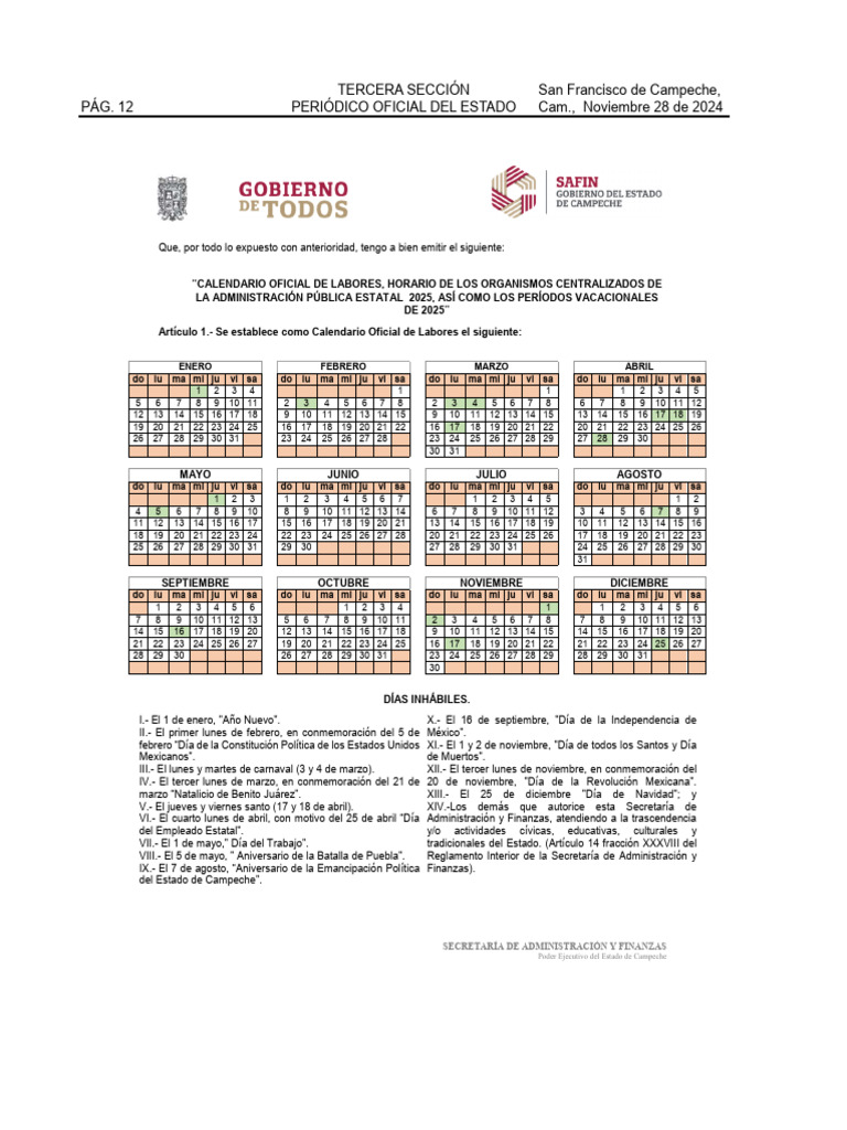 Calendario Oficial de Labores 2025 | PDF | México