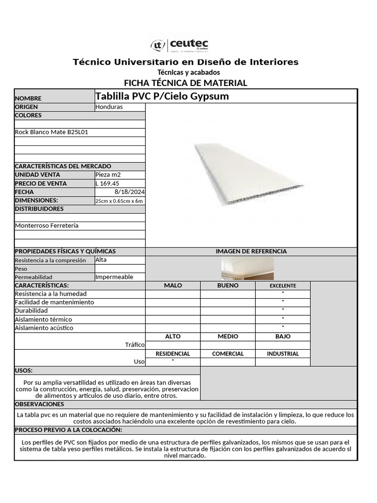 Tablilla PVC para Cielo Gypsum en Honduras | PDF