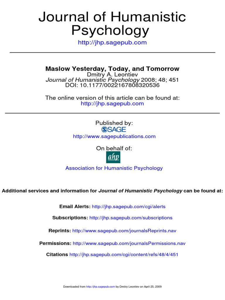 Maslow Yesterday Today and Tomorrow | PDF | Self Actualization ...