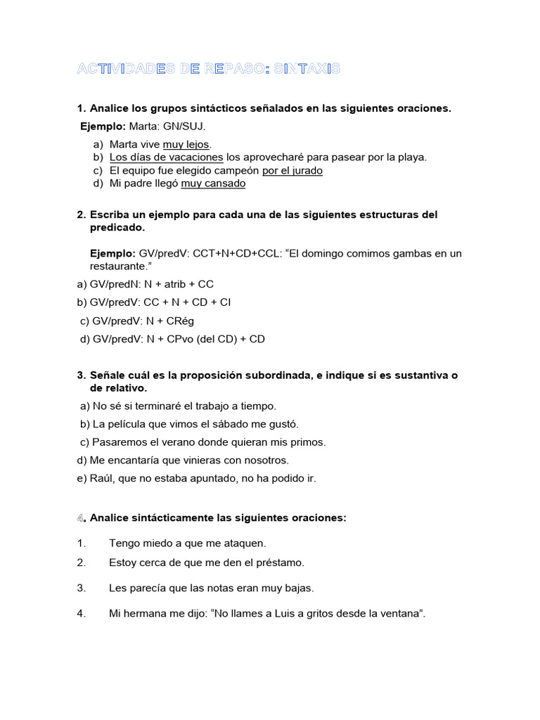 Actividades Sintaxis Oraciones Simples | PDF