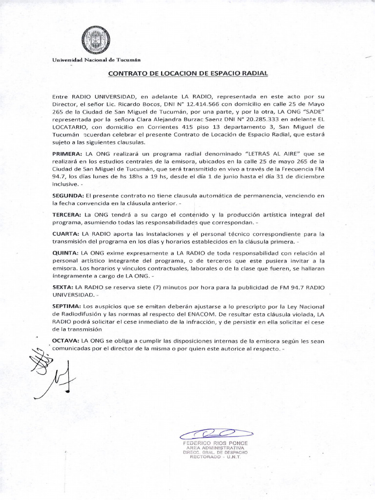 Modelo de Contrato de Alquiler de Espacio Radial Universitario | PDF ...