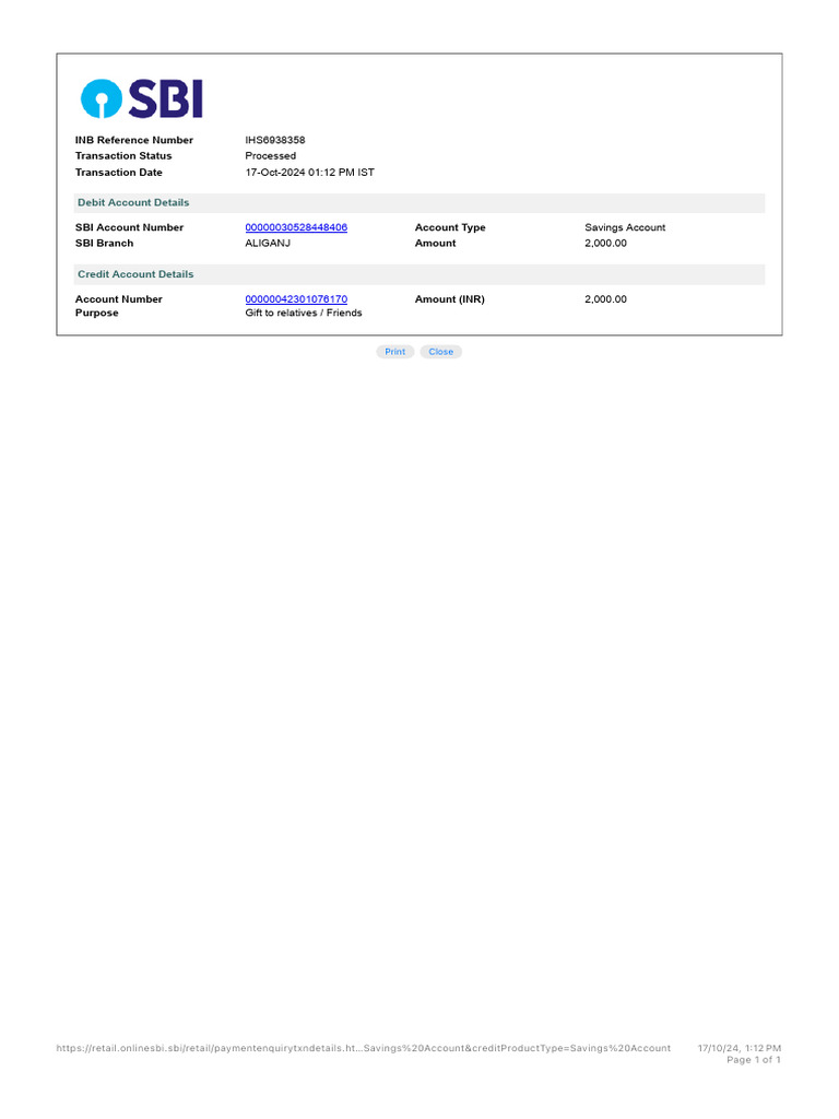 SBI Transaction Details: Gift Transfer | PDF