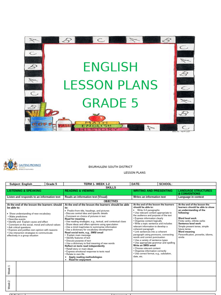 Grade 5 English Lesson Plans Term 1 | PDF | Vocabulary | Reading ...