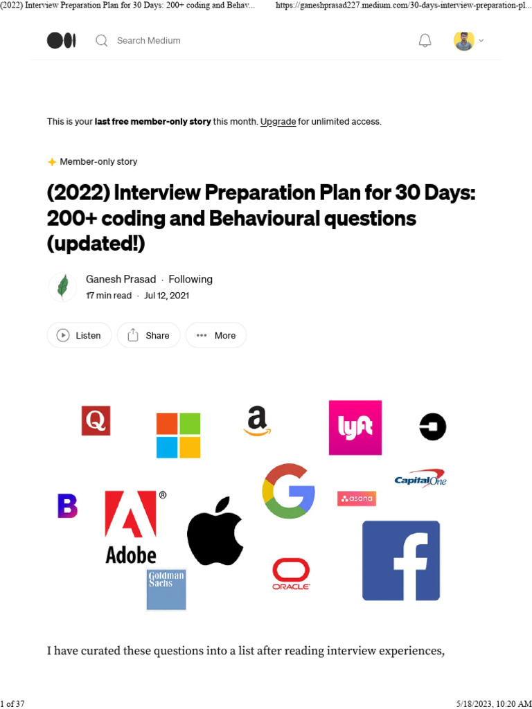 (2022) Interview Preparation Plan for 30 Days 200+ coding and Behavioural questions (updated ...