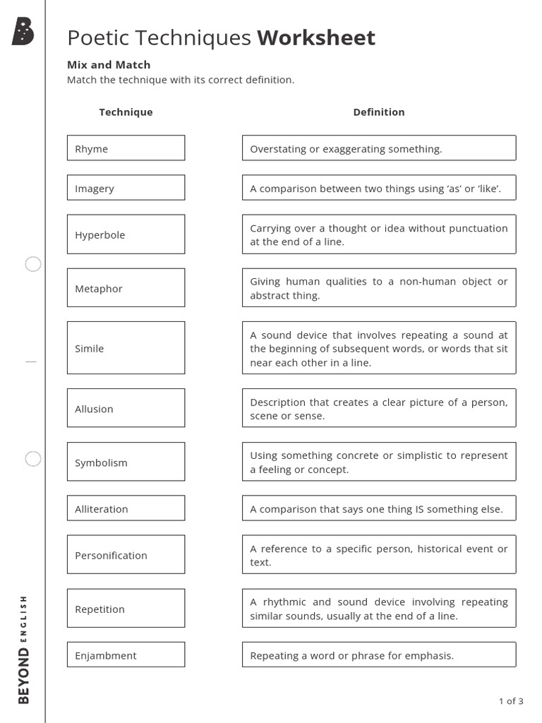 Poetic Techniques Worksheet | PDF | Poetry | Rhyme