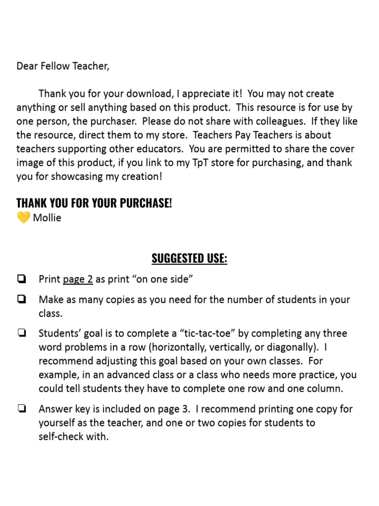 Adding & Subtracting Word Problems Tic-Tac-Toe | PDF | Credit | Finance ...