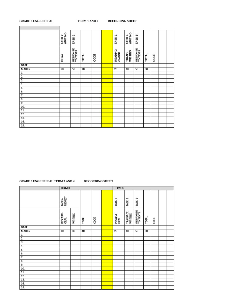 2025 Grade 6 EFAL Recording Sheet | PDF