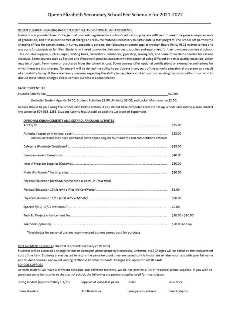 Queen Elizabeth Secondary School Fees 2021-22 | PDF | Fee | Textbook