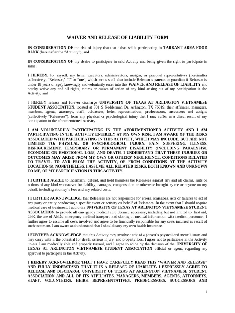 Waiver and Release of Libability Form - Tarrant Area Food Bank | PDF ...