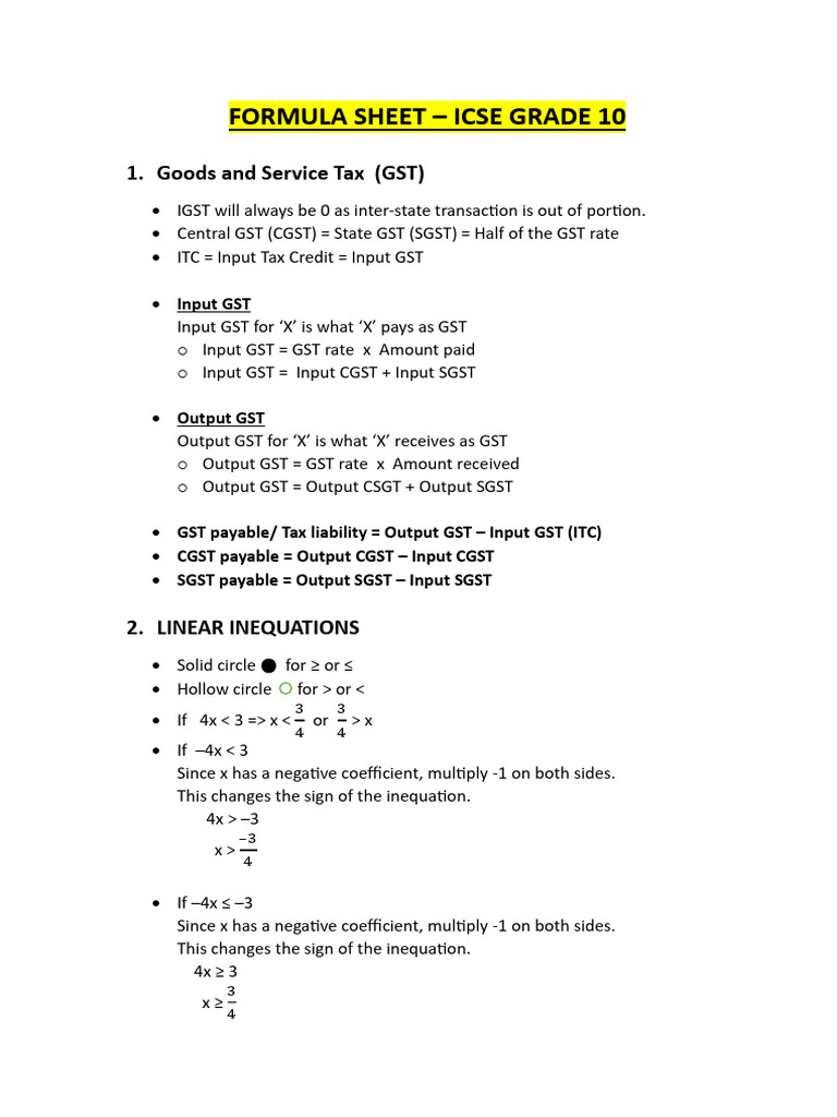 ICSE Grade 10 Formula Sheet | PDF | Value Added Tax | Taxes