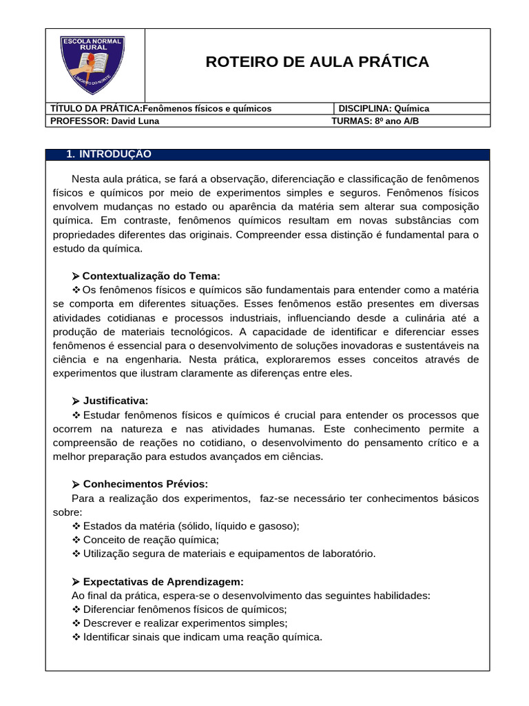 ROTEIRO DE AULA PRÁTICA 1- 8º ANO | PDF | Química | Física