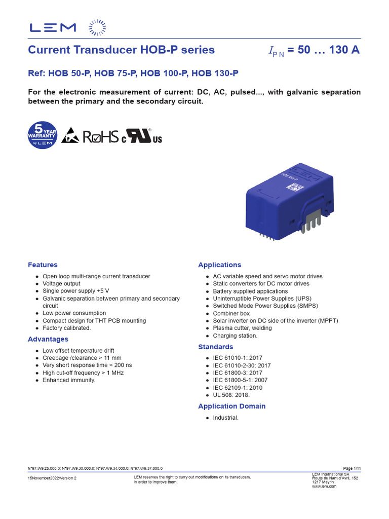 LEM-Sensor de Amperaje HOB-P | PDF | Power Supply | Insulator (Electricity)