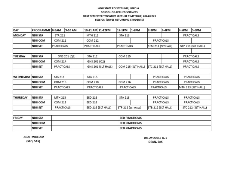 Kogi Poly Sci. Timetable 2024/25 | PDF