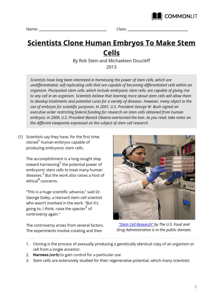 CommonLit___Scientists_Clone_Human_Embryos_To_Make_Stem_Cells_1 (1) | PDF | Cloning | Embryonic ...