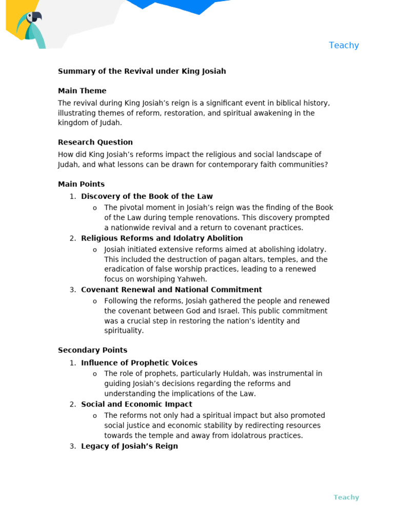 Josiah's Revival and Reforms | PDF | Bible | Religious Belief And Doctrine