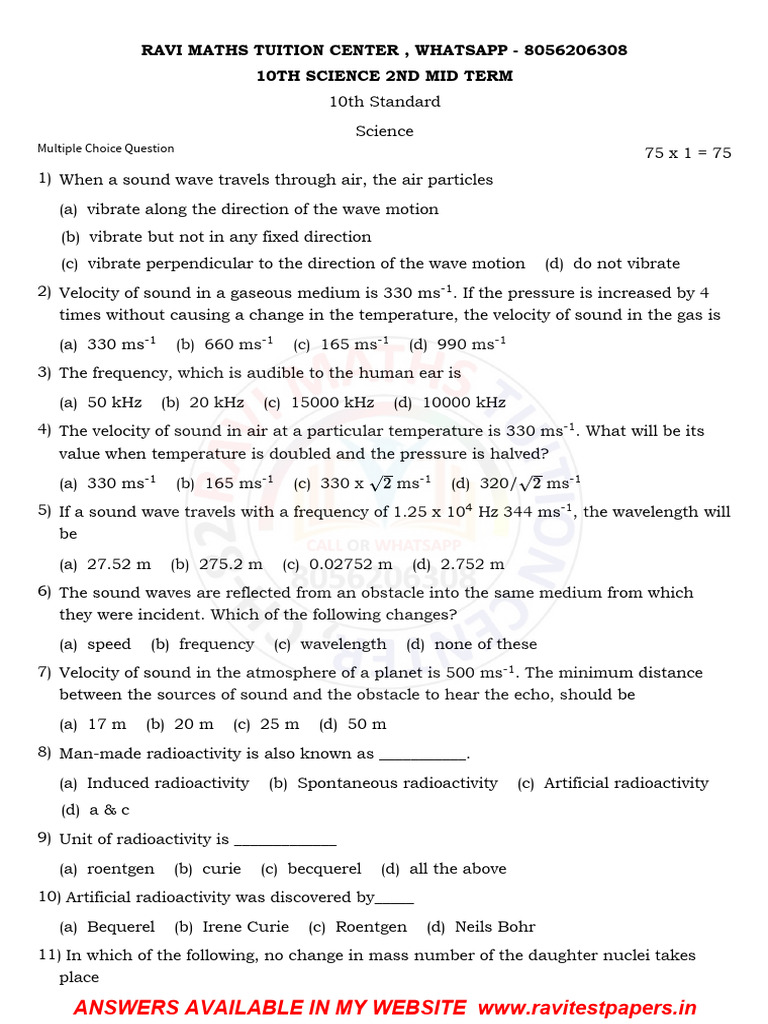 10th Grade Science MCQ Practice Test | PDF | Radiation | Radioactive Decay