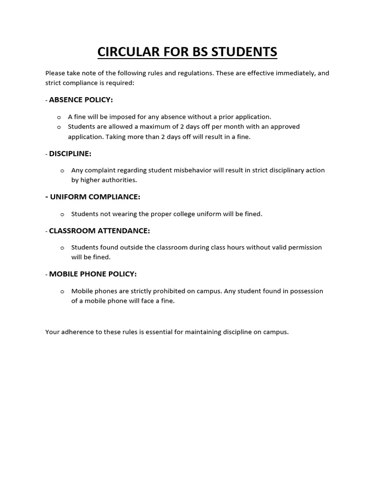 CIRCULAR FOR BS STUDENTS | PDF